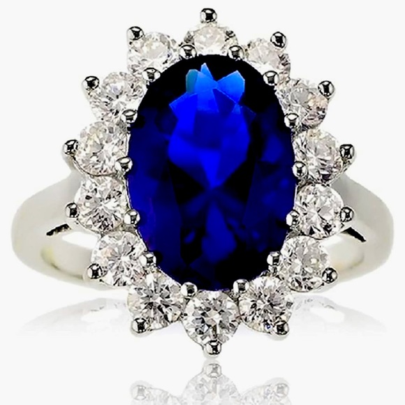 Jewelry | Sterling Silver Large Oval Created Blue Sapphire Bridal ...